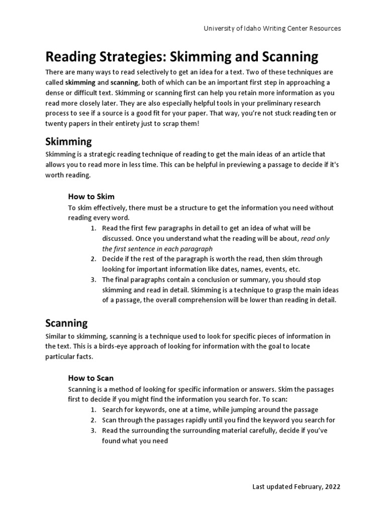 Reading Strategies Skimming and Scanning | PDF