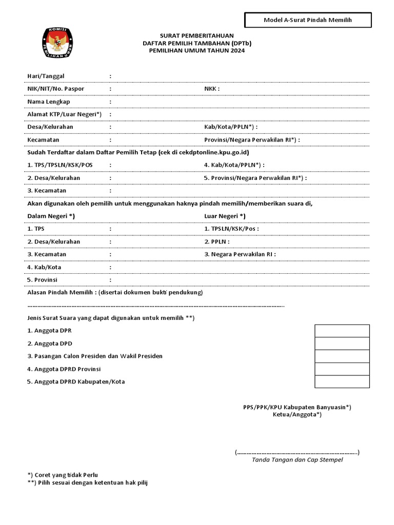 Model A-Surat Pindah Memilih | PDF