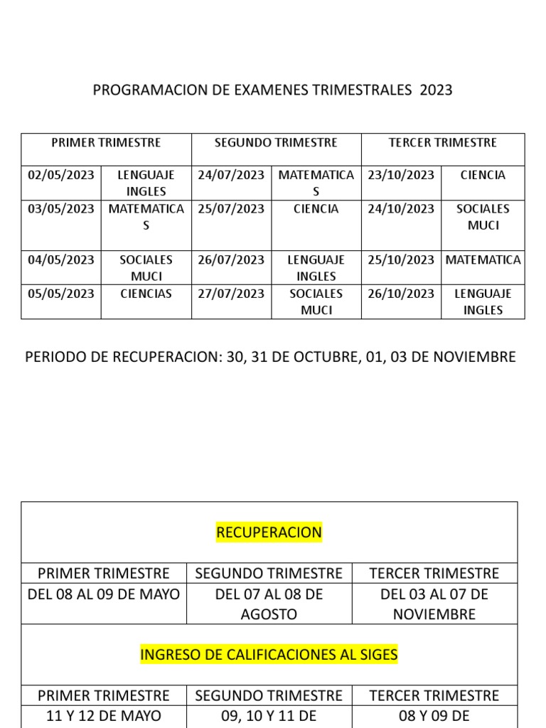 Programacion de Examenes Trimestrales | PDF