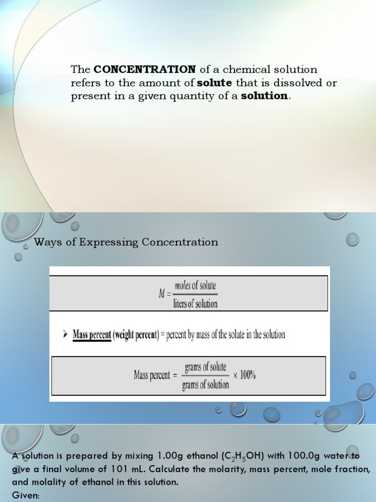 Chemical Solution Concentration Calculations | PDF | Mole (Unit ...