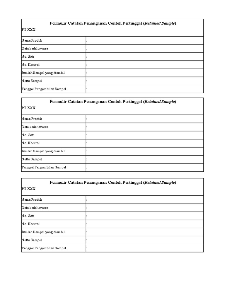 Formulir Catatan Penanganan Contoh Pertinggal (Retained Sample) | PDF