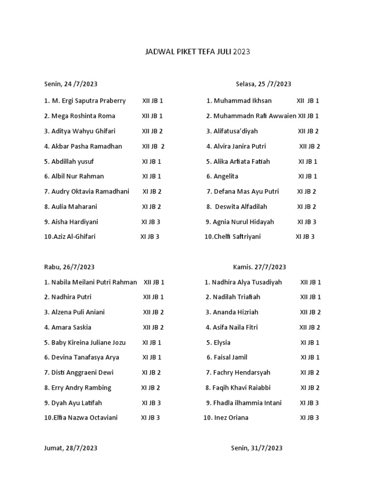 Jadwal Piket Tefa Juli 2023 | PDF