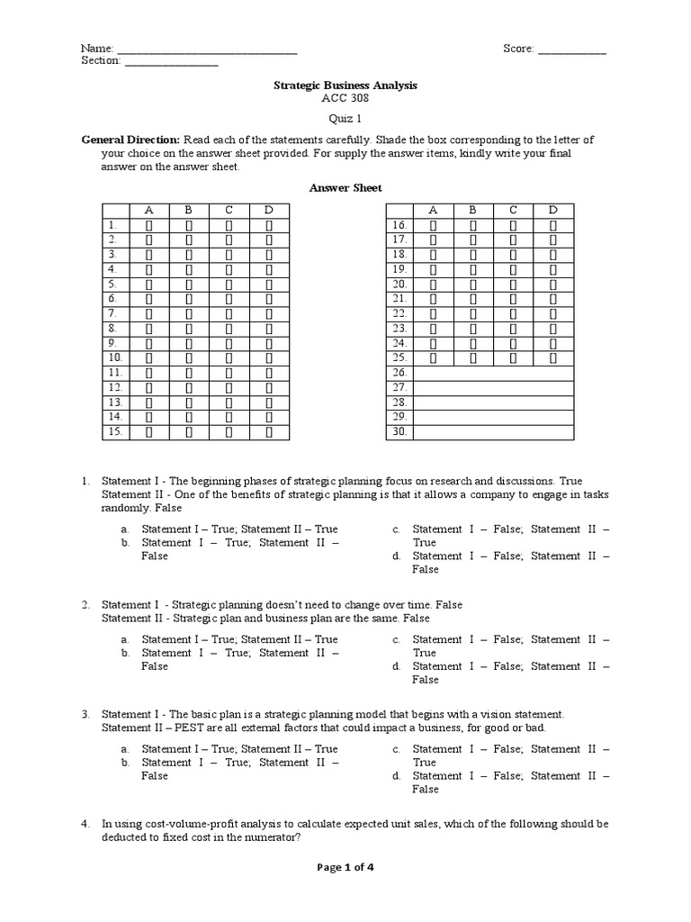 Quiz 1 CVP and Strat Plan Students | PDF | Finance & Money Management | Technology & Engineering