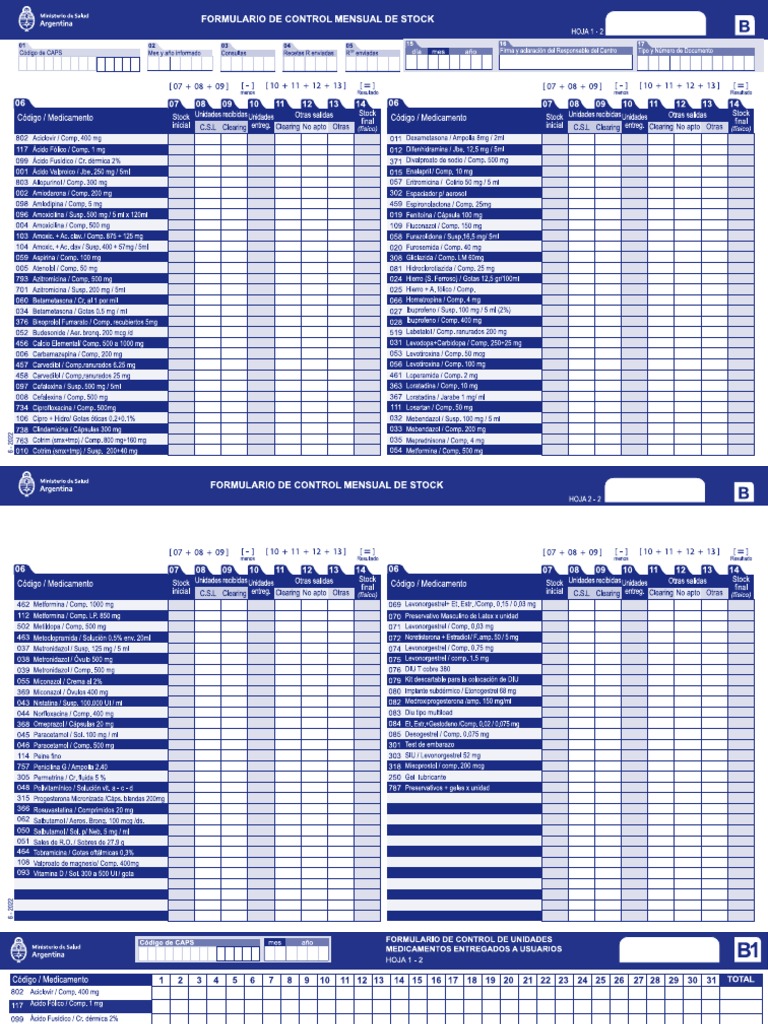 2022 Formulario b1 Control Unidades Medicamentos Entregados a Usuarios ...