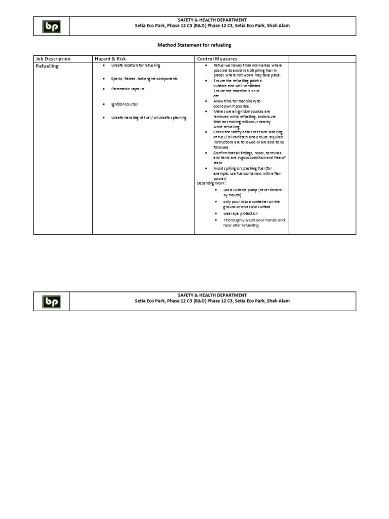Method Statement For Refueling | PDF