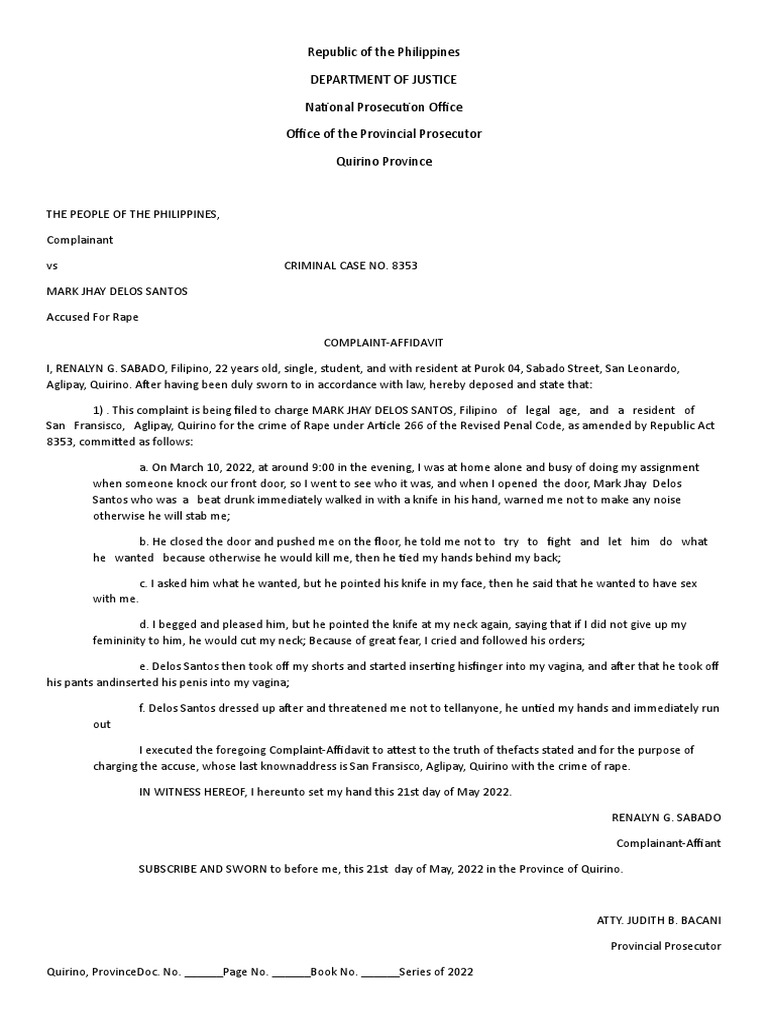 Sample Complaint | PDF | Prosecutor | Crime & Violence