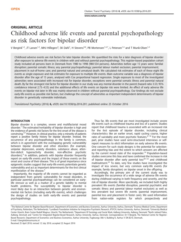 Childhood Adverse Life Events and Parental Psychopathology As Risk ... Childhood Adverse Life Events and Parental Psychopathology As Risk ...