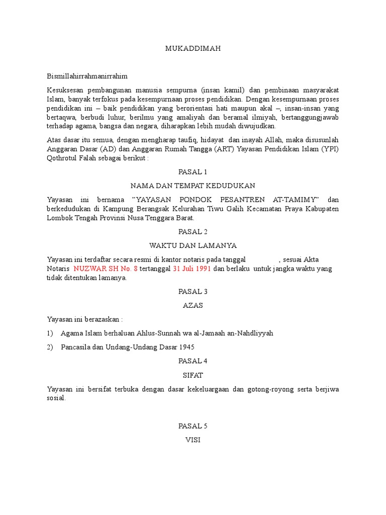 Draft Adart Yayasan Pondok Pesantren At-Tamimy | PDF