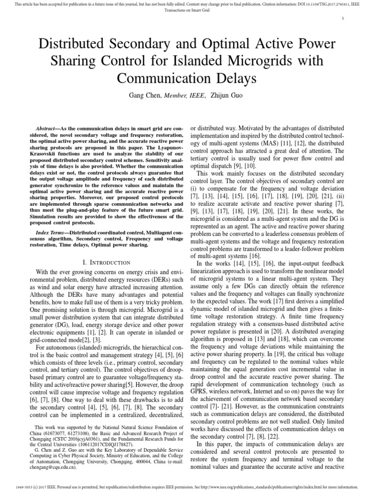 Distributed Secondary and Optimal Active Power Sharing Control For Islanded Microgrids With ...