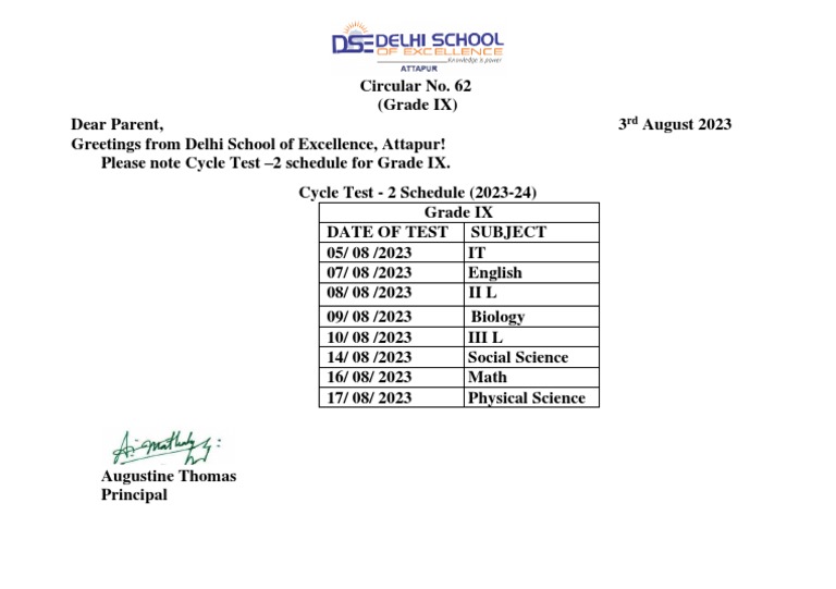 Circular No. 62 Cycle Test - 2 Grade IX | PDF