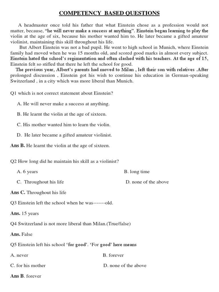 Competency Based Questions: Ans B. He Learnt The Violin at The Age of ...