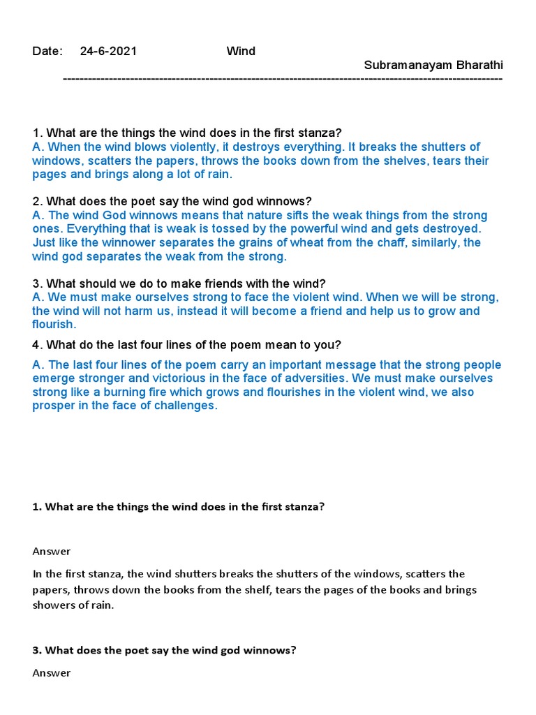 WIND Additional Questions | PDF | Language Arts & Discipline | Poetry