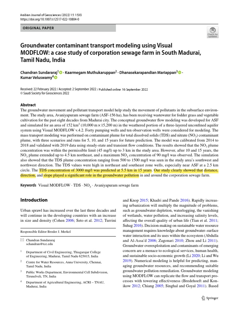 Sundararaj Et Al. 2022 Groundwater Contaminant Transport Modeling Using ...