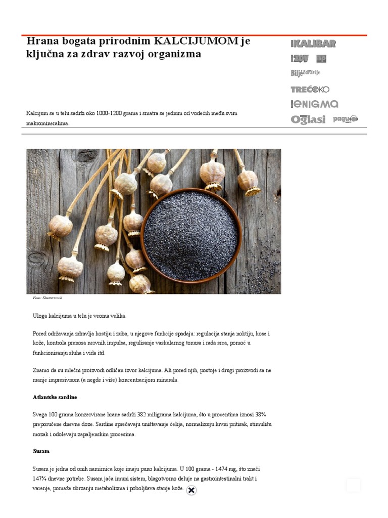 Hrana Bogata Prirodnim KALCIJUMOM Je Ključna Za Zdrav Razvoj Organizma | PDF