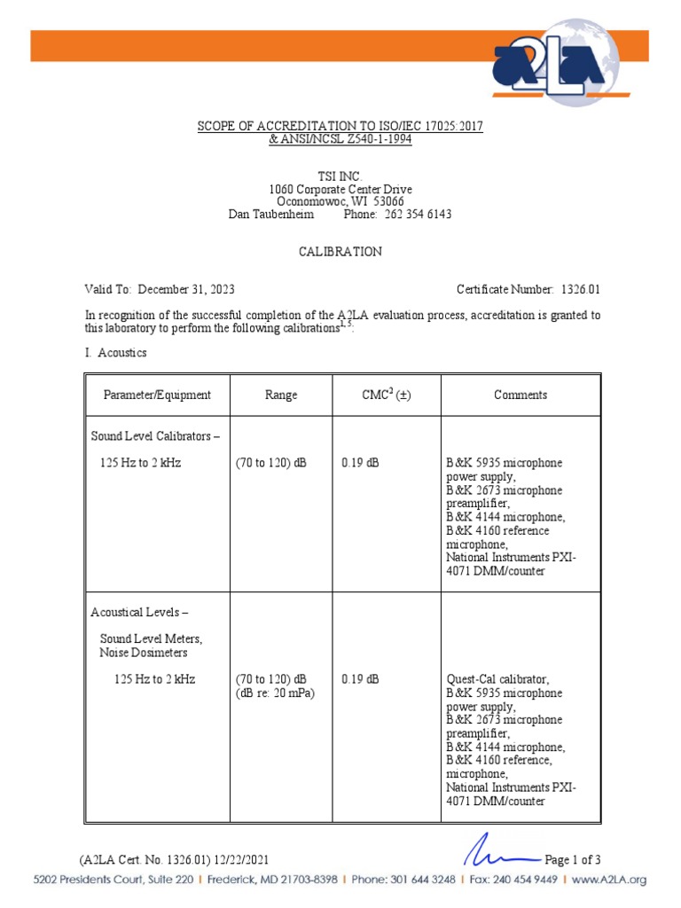 ISO 17025 Scope of Accreditation, Cert No 1326 01 From A2LA Expires ...