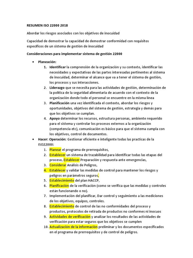 Resumen Iso 22000 2018 | PDF