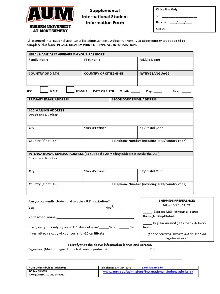 AUM Supplemental International Student Information Form Fillable | PDF ...