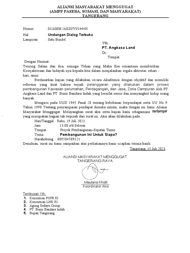 Undangan Dialog Terbuka - PT. Angkasa Land | PDF