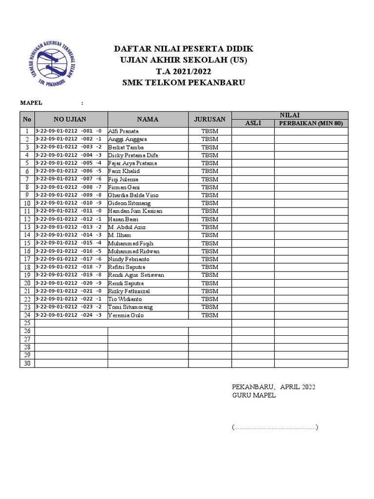 Blanko Penilaian Us Te 2021-2022 | PDF