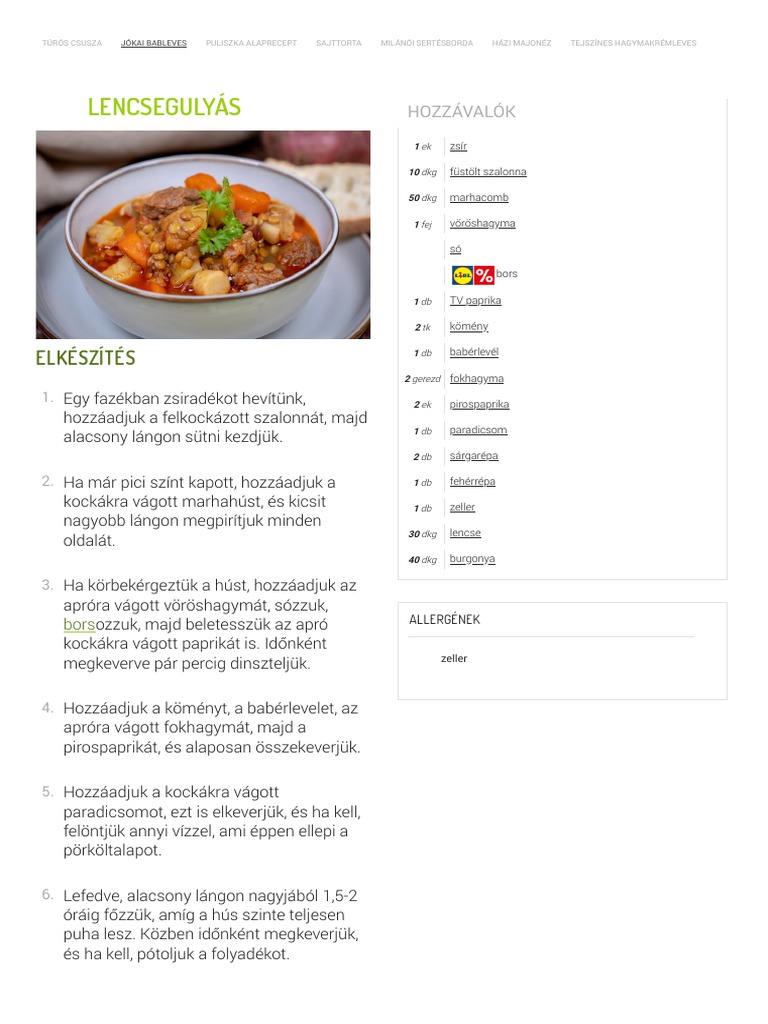 Lencsegulyás Recept - Mindmegette - Hu | PDF