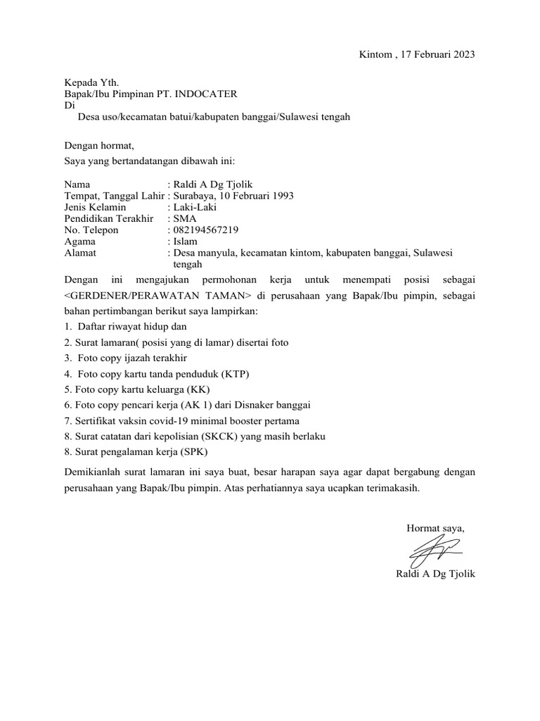 Lamaran Kerja Gardener PT. INDOCATER | PDF