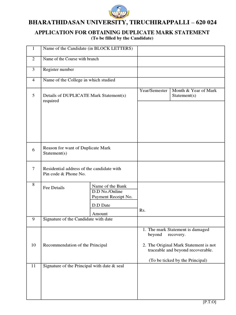 Duplicate Mark Statement Application Form | PDF | Fee | Service Industries