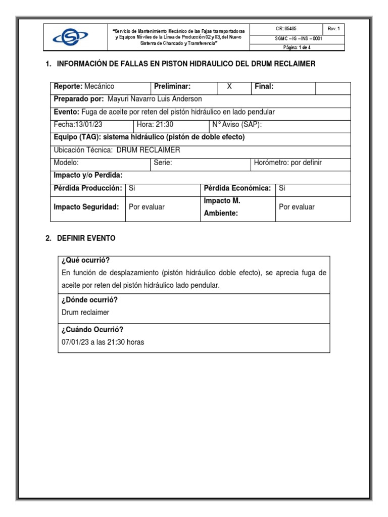 Reporte de Falla Del Piston Del Sistema Hidraulico Del Drum Reclaimer | PDF