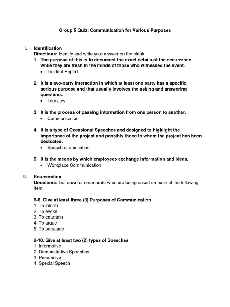 Communication Quiz: Identify Purposes & Types | PDF | Social Science