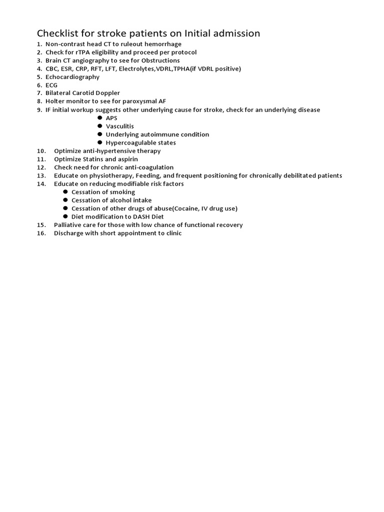 Checklist For Stroke Patients On Initial Admission | PDF