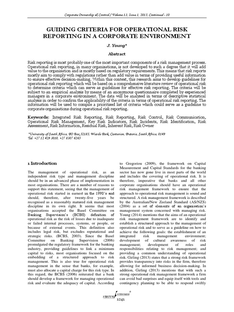Guiding Criteria For Operational Risk Reporting | PDF | Business