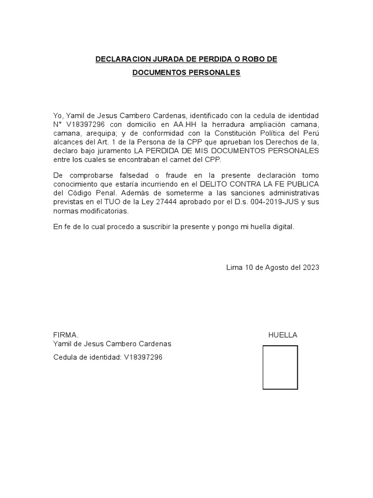 Declaración de Perdida de Documentos | PDF | Derecho