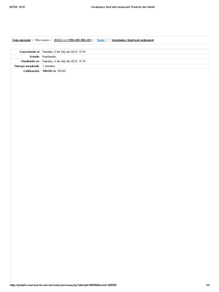 Vocabulary - Food and Restaurant - Revisión Del Intento | PDF
