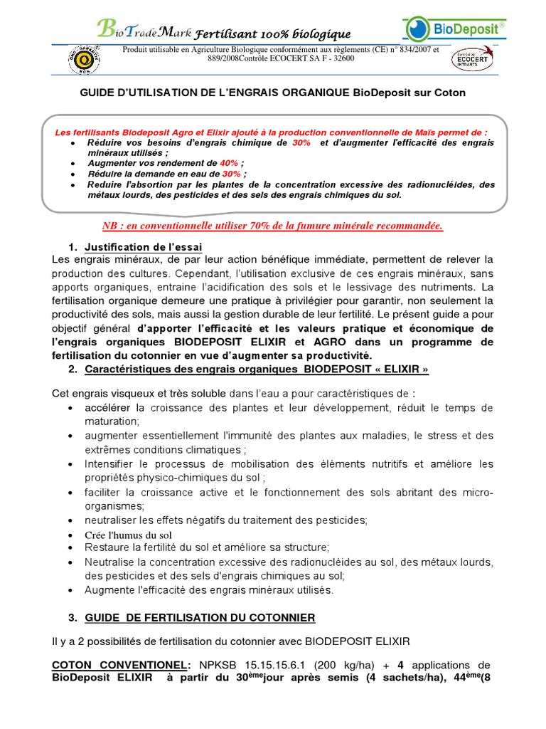 Guide Dutilisation de Biodeposit Sur Le Coton BF 2017 Conv | PDF
