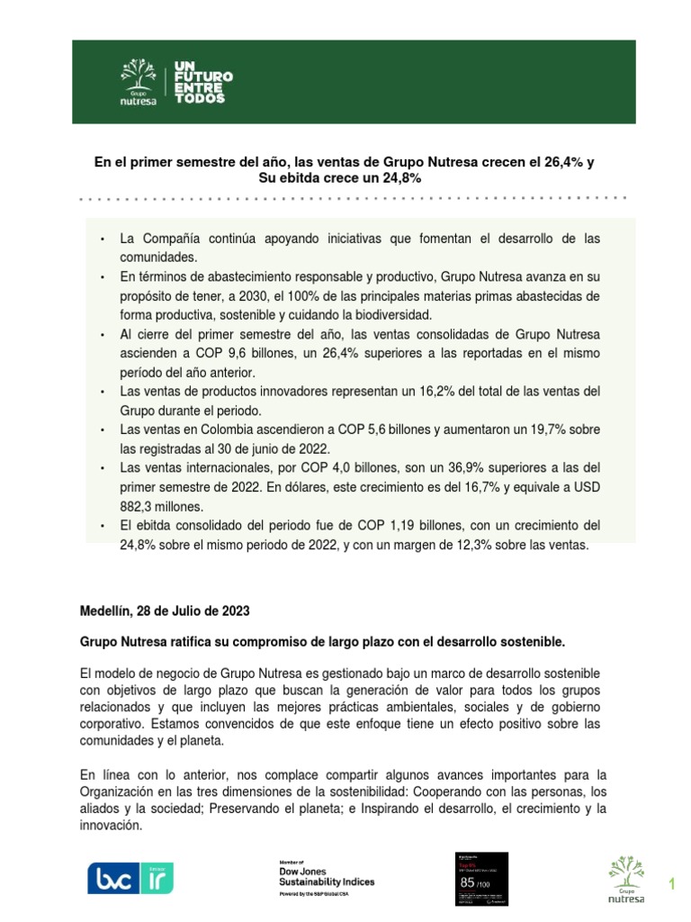 Grupo Nutresa Comunicado de Resultados 2Q23 | PDF