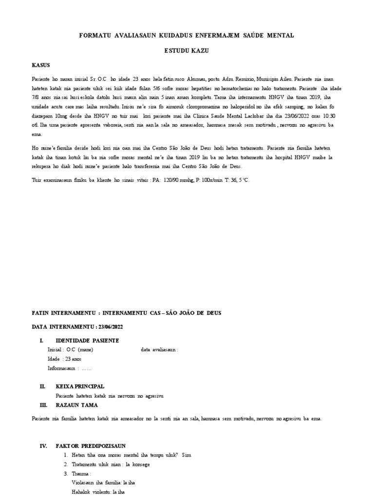 Formatu Avaliasaun Kuidadus Enfermajem Saúde Mental Estudu Kazu | PDF