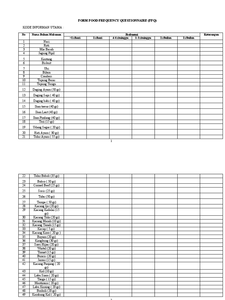 Form Food Frequency Questionnaire (FFQ) | PDF