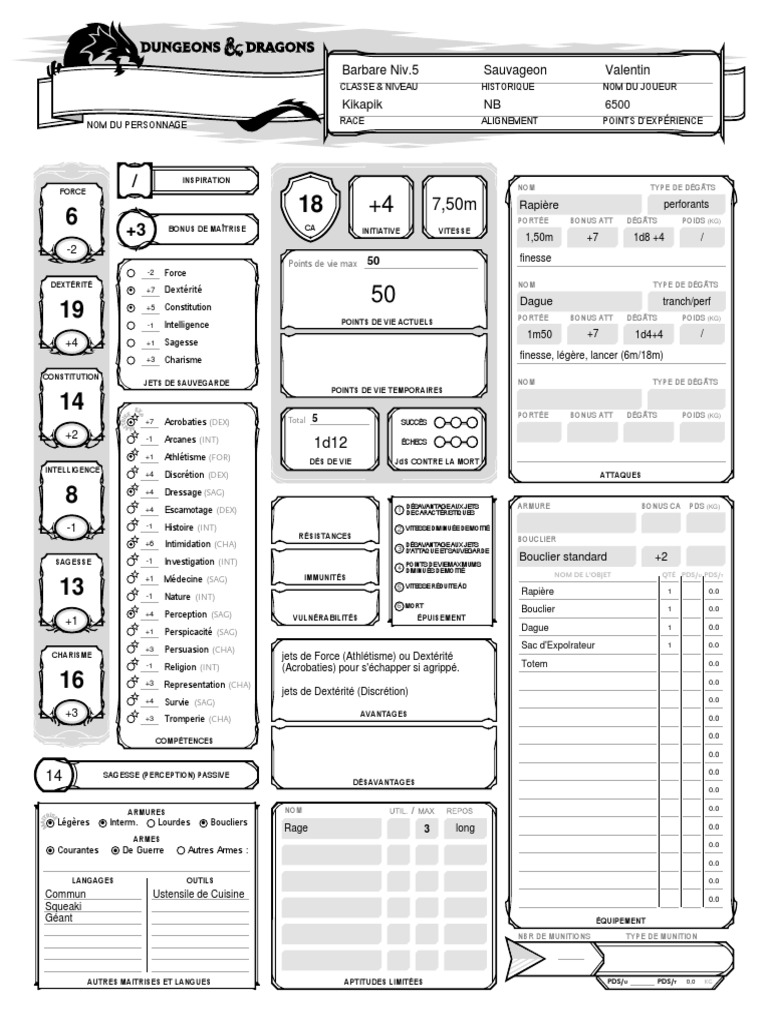 Fiche Personnage DND Reinhold Müller | PDF