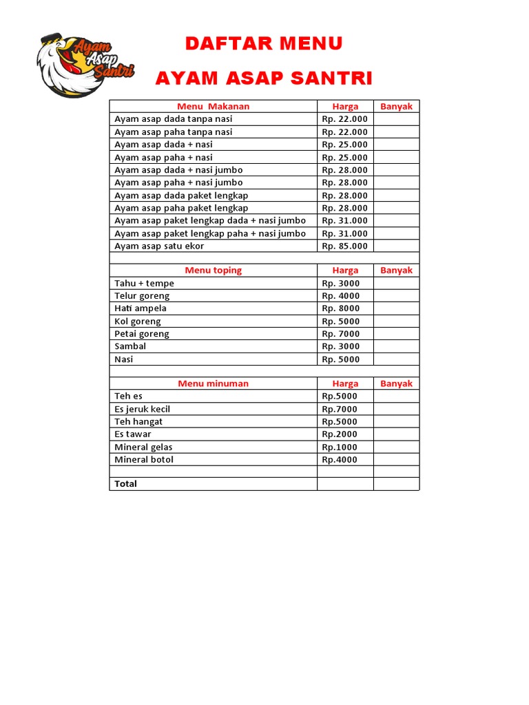 Daftar Menu Ayam Asap Santri-1 | PDF