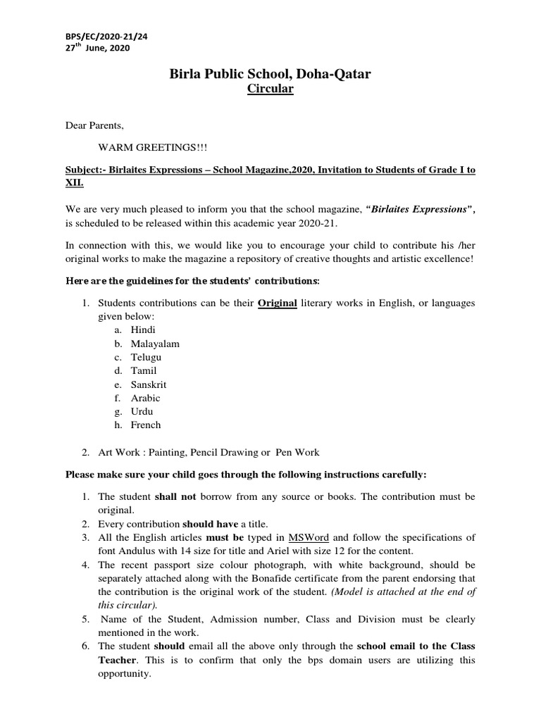 Circular 24 - For The Students of Grades I-XII - Birlites Expressions 1 ...