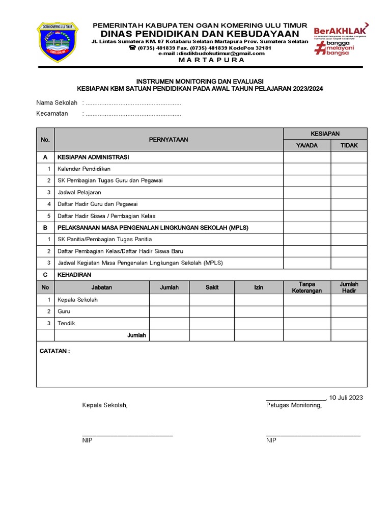 Format Instrumen Monitoring Kesiapan KBM Awal TP 2023-2024 | PDF
