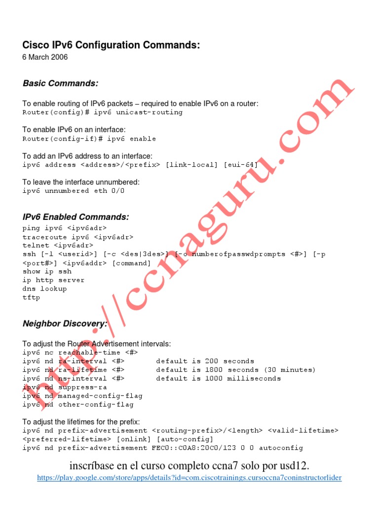 Cisco IPv6 Configuration Commands List | PDF