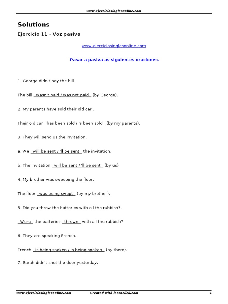 Solutions Ejercicio 11 Voz Pasiva Pdf