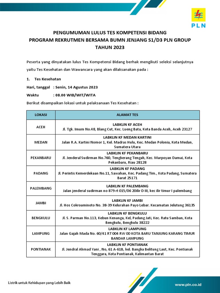 Pengumuman Tes Kesehatan PLN 2023 | PDF