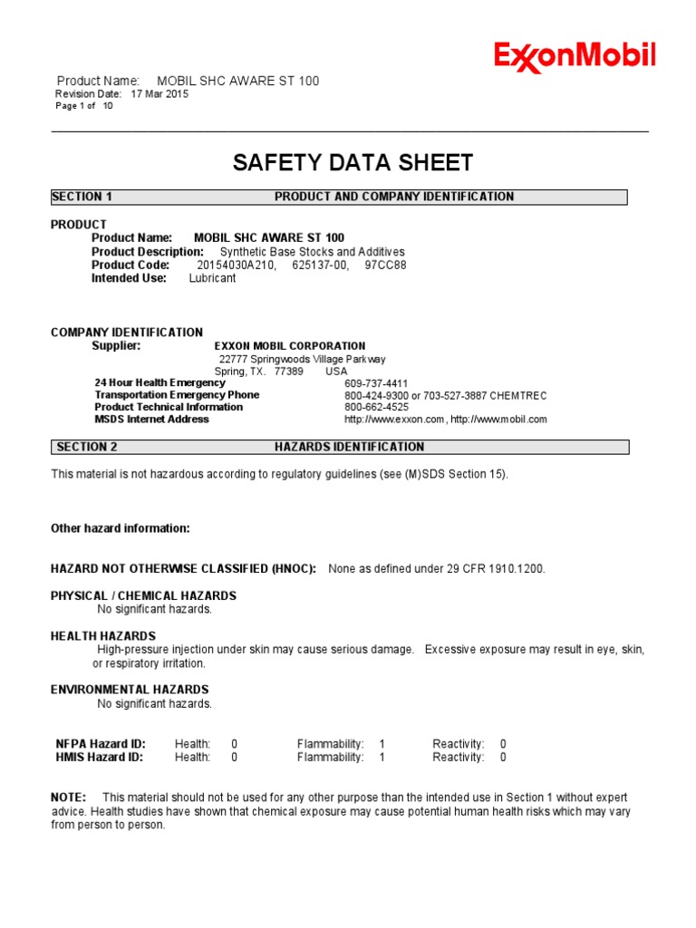 MOBIL SHC AWARE ST 100 Safety Data Sheet | PDF | Hazardous Waste ...