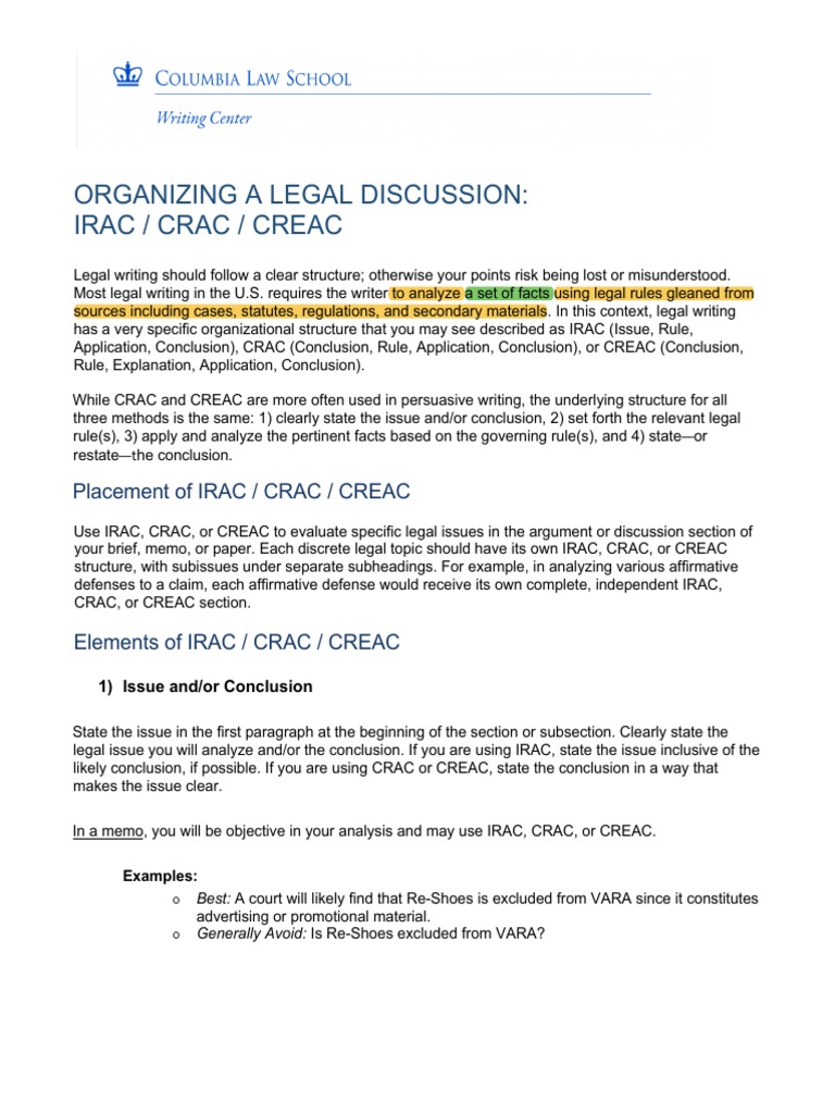 WC Handout IRAC, CRAC, CREAC.revised 5.22 | PDF