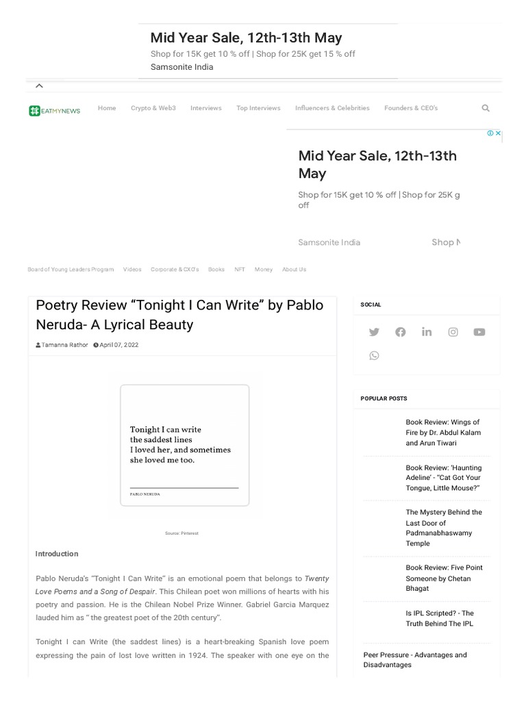 Poetry Review "Tonight I Can Write" by Pablo Neruda - A Lyrical Beauty ...