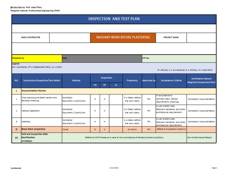 09 Inspection and Test Plan For Masonry Work Before Plastering | PDF