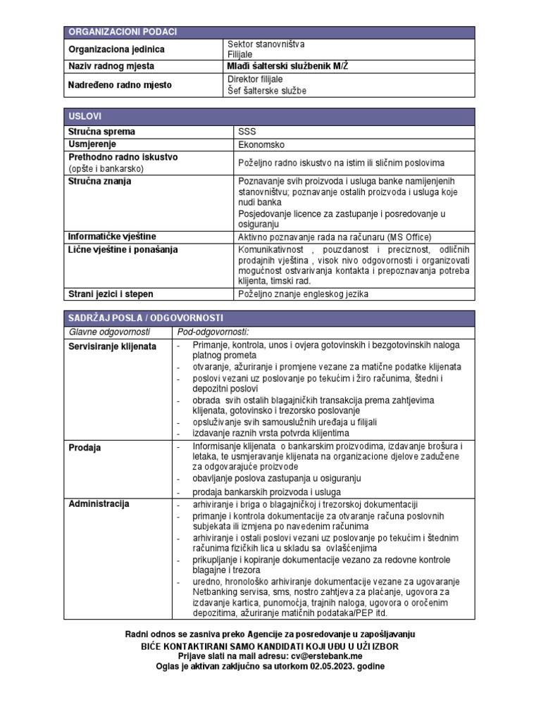 Mlađi Šalterski Službenik Opis Poslova | PDF