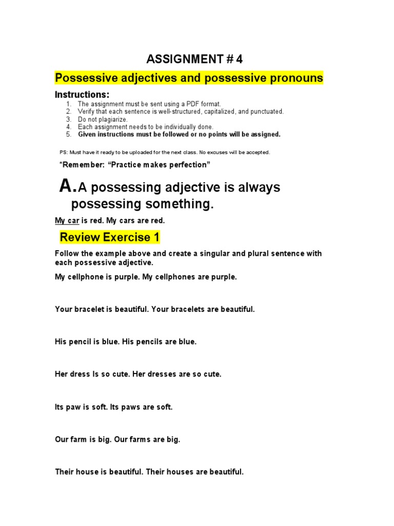 Assignment # 4 Possessive Adjectives Pronouns | PDF