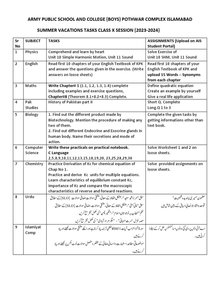Summer Vacations Task 10th 2023 Final | PDF